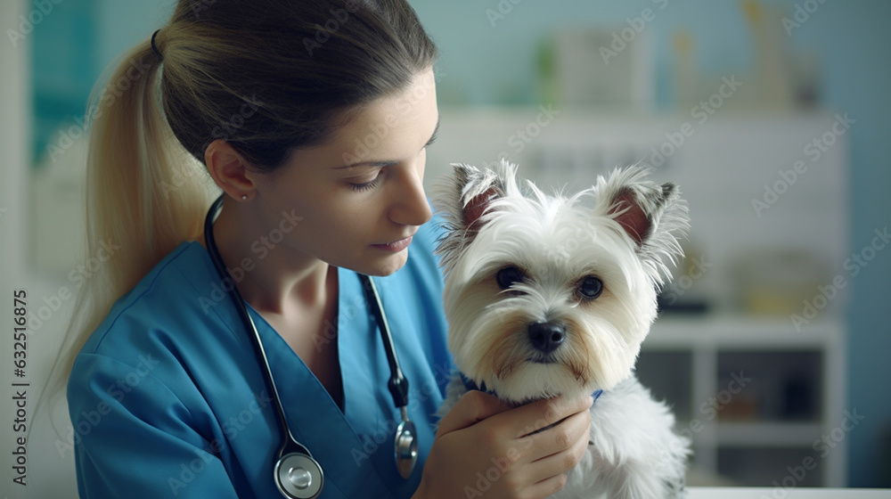 Vet comforting a nervous pet during a routine examination, vet, banner ...