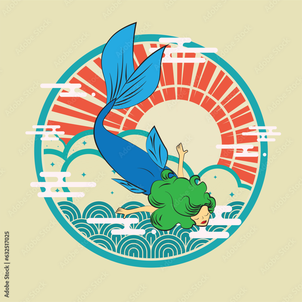 Lovely mermaid with little turtle, vector illustration, children ...