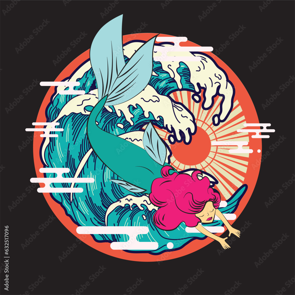 Lovely mermaid with little turtle, vector illustration, children ...