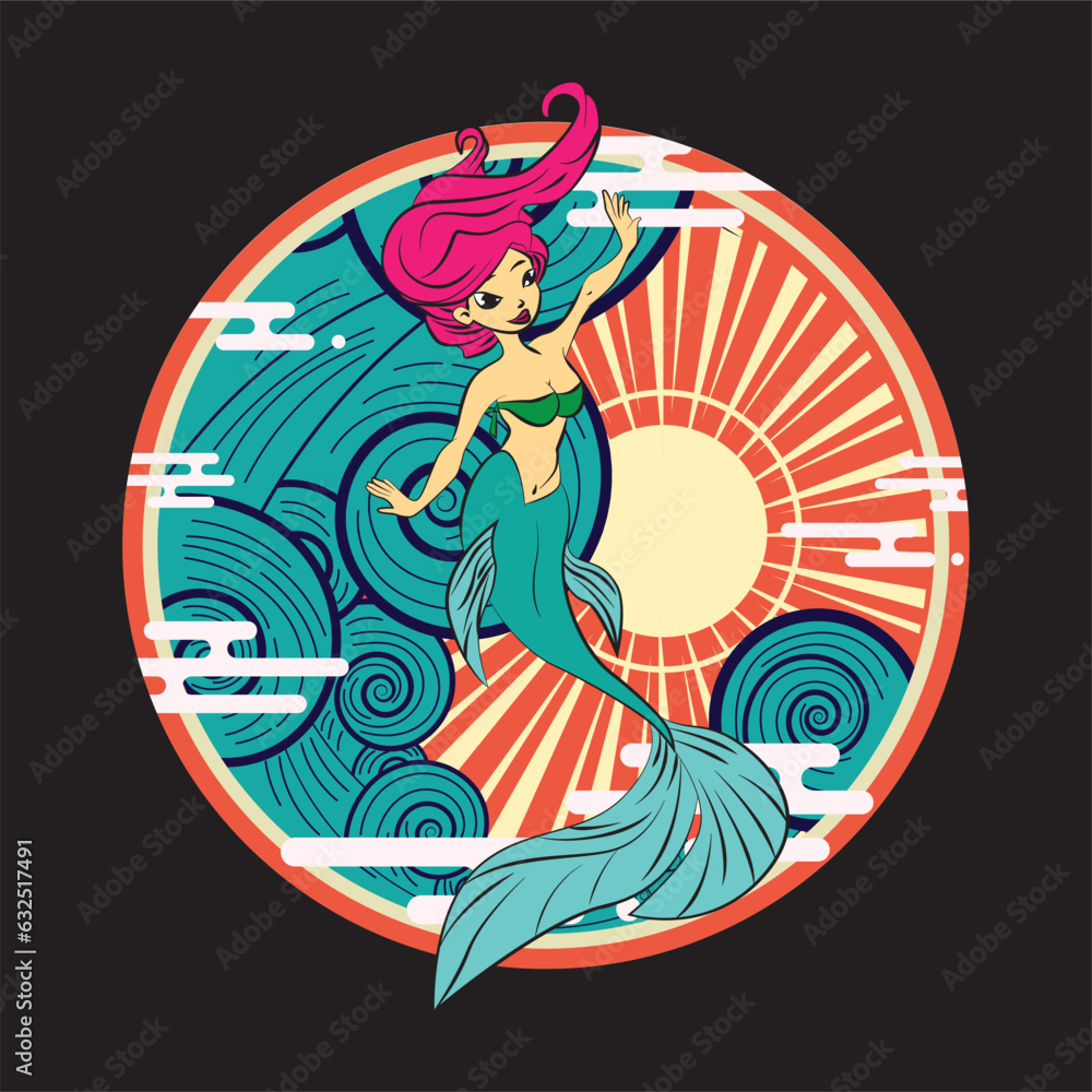 Lovely mermaid with little turtle, vector illustration, children ...