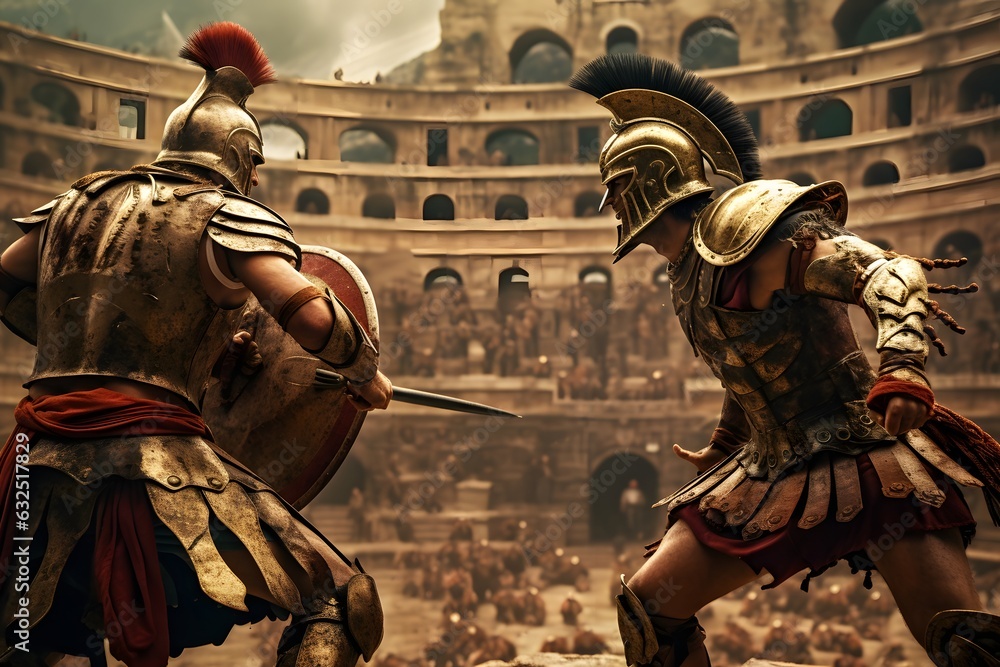 Fight between two Roman gladiators in the coliseum. Realistic representation of Roman combat ...
