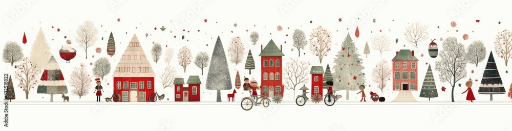 Horizontal Christmas illustration with beatiful houses and pines ...