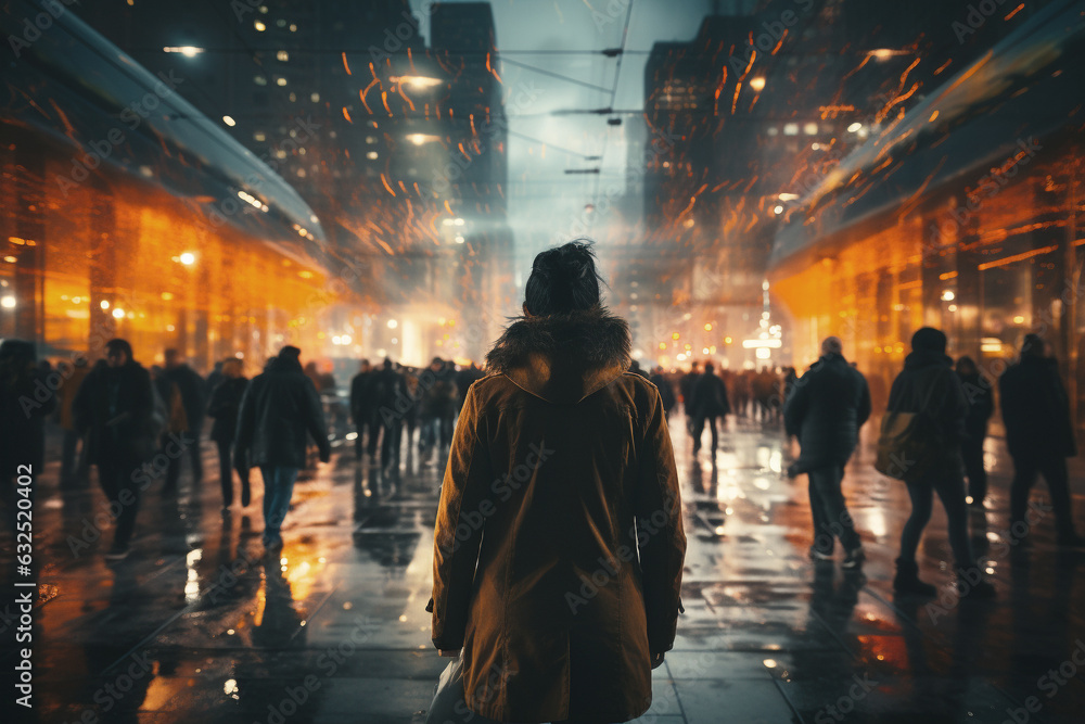 Foto de man standing still amidst the bustling city street at night ...