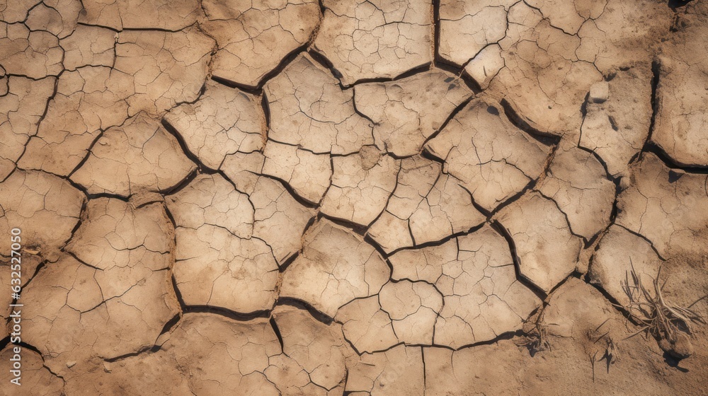 very dry earth photographed from above, structure, cracks, no water ...
