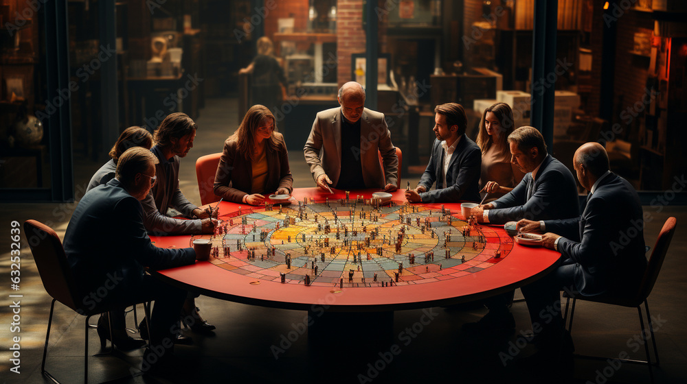 A dynamic top-down perspective of a meeting, with participants seated ...