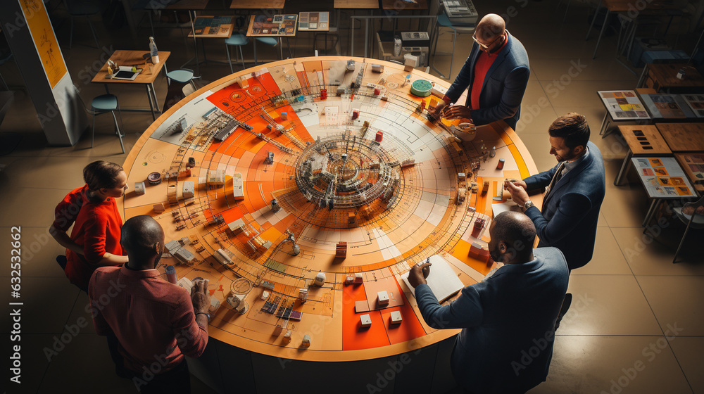 A dynamic top-down perspective of a meeting, with participants seated ...