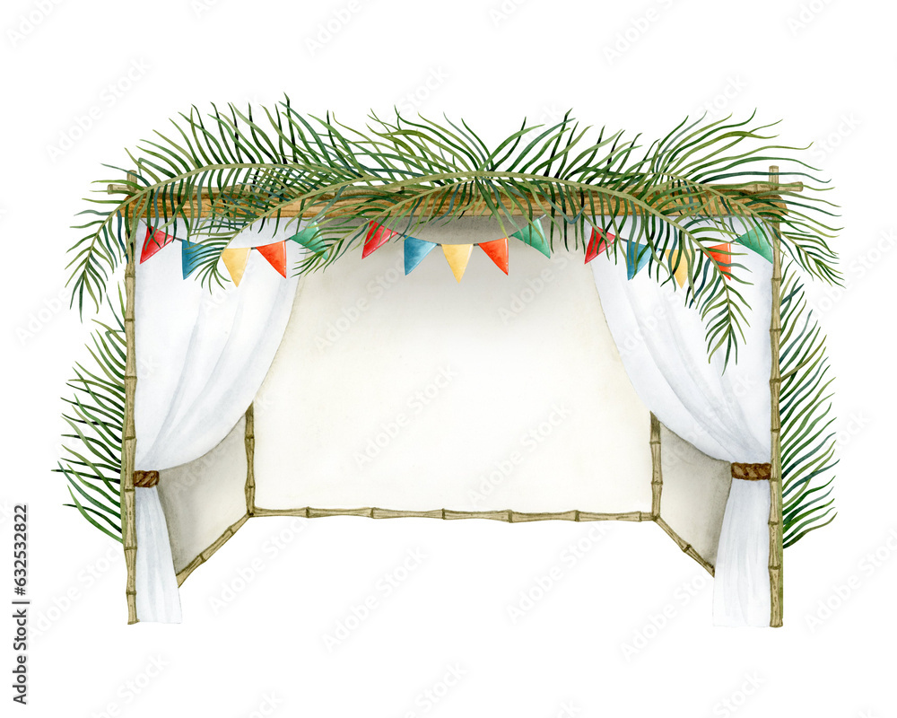 Decorated Sukkah with palm leaves on the top and festive colorful flags ...