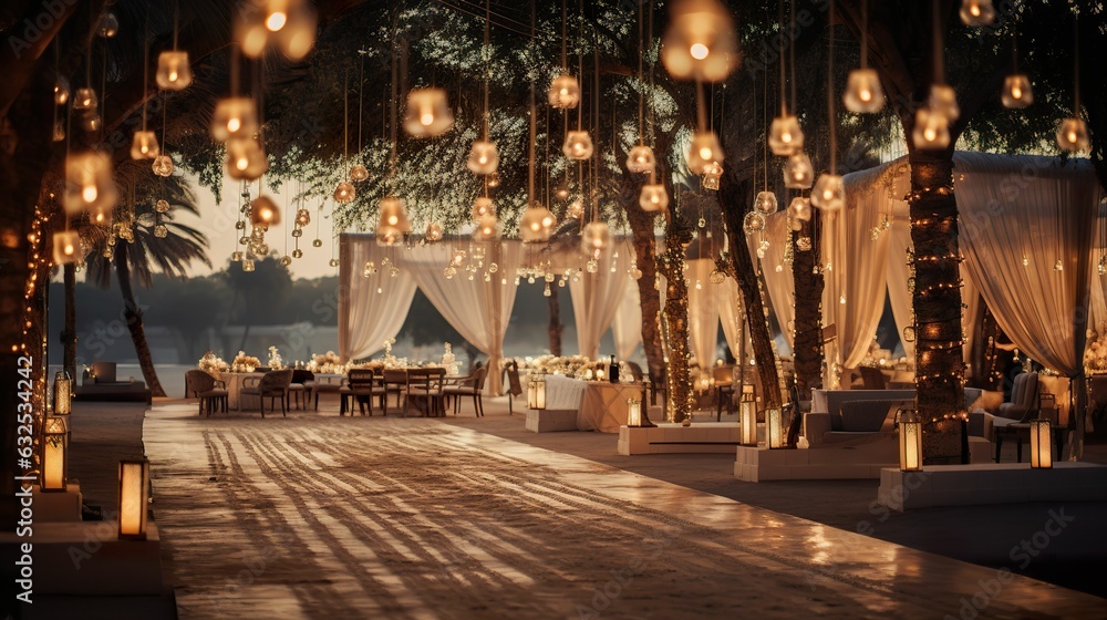 Outdoor wedding scene in the night, outdoor wedding design by the sea ...