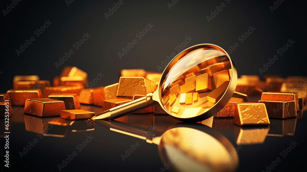 Magnifying glass focusing on a gold bar as a symbol of investment ...