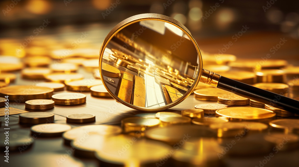 Magnifying glass focusing on a gold bar as a symbol of investment ...