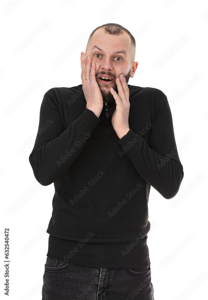Portrait of surprised thirty year old man grimace on his face, with ...