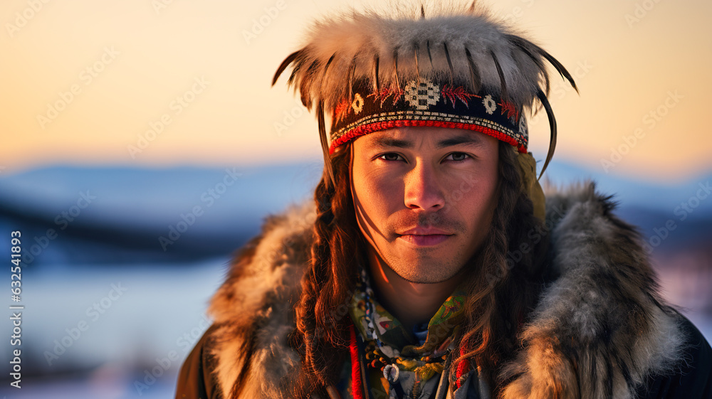 Portrait of male from the Sami culture in Scandinavia. Man in colorful ...