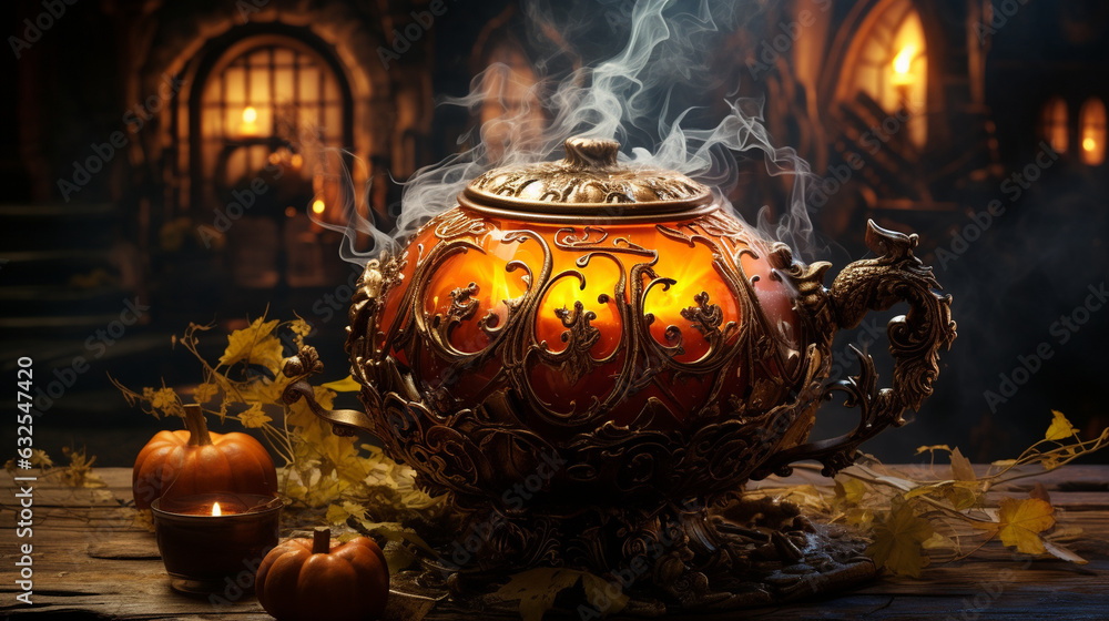 A pumpkin transformed into a spellbinding witch's cauldron, bubbling ...