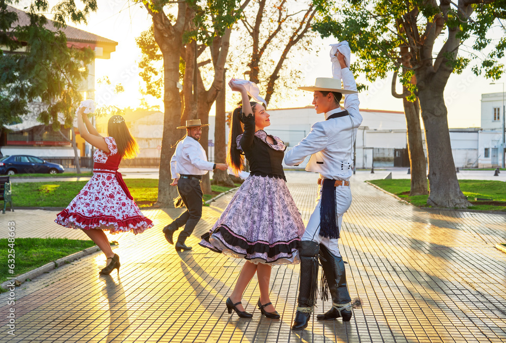 young couples dressed as huasos dance cueca celebrating the national ...