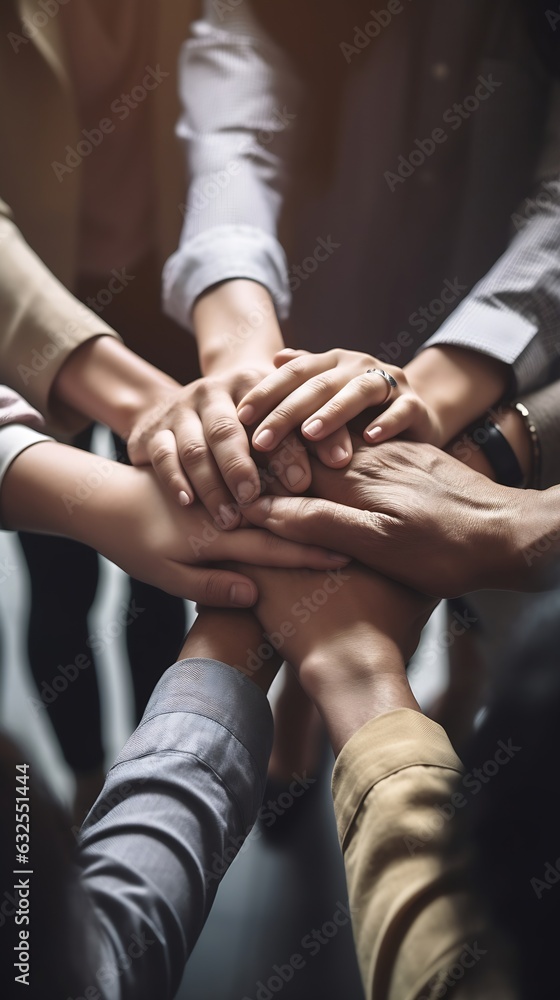 Generative AI : Multiethnic young team stack hands together as unity ...