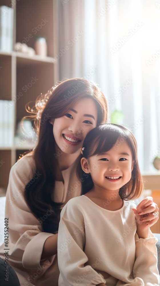 Generative AI : Happy little asian girl smiling looking and talking ...