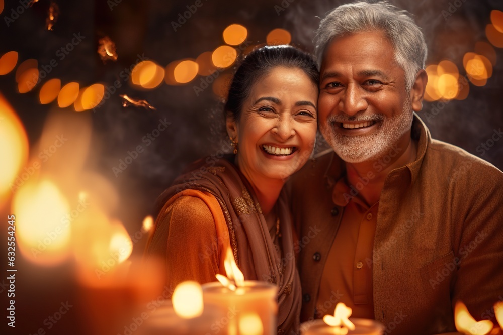 Happy smiling Indian ethnic senior couple celebrating Diwali festival ...