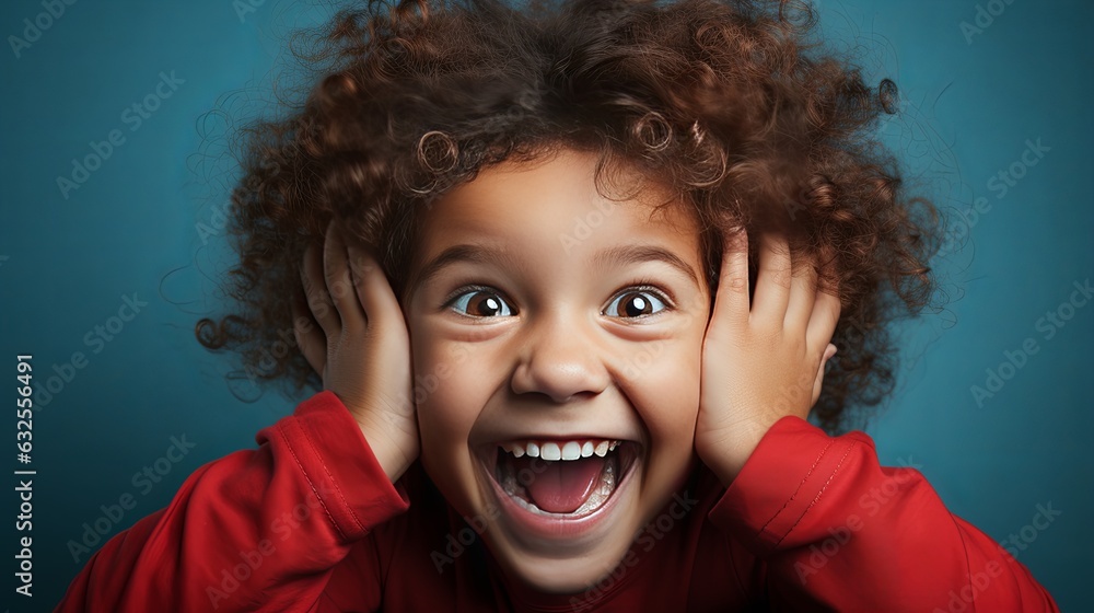 Awe teenage boy with afro hair and surprised expression portrait shot ...