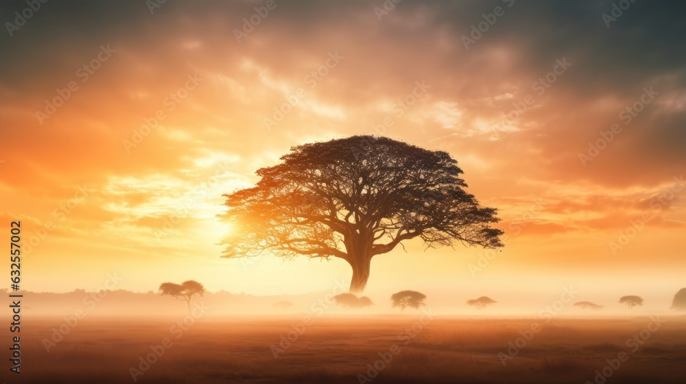 Gorgeous dawn behind tall trees in spring with mist Silhouette of large ...