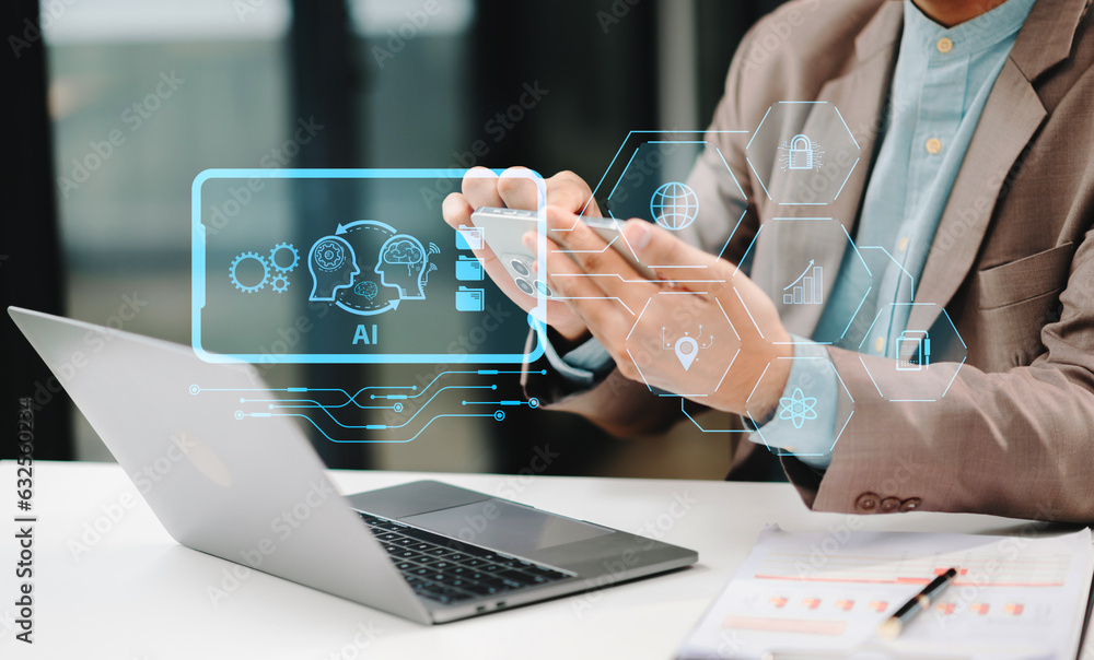 Man using chatbot in computer and tablet smart intelligence Ai.Chat ...