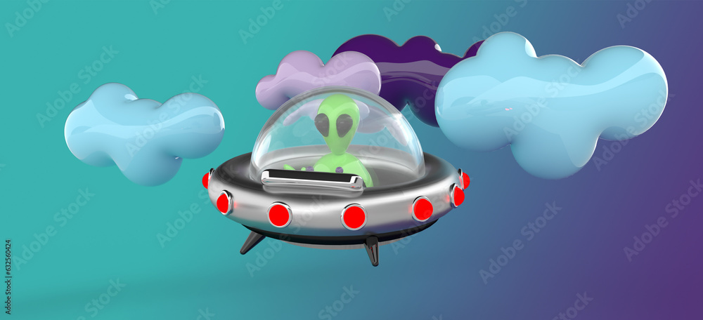 3d rendered alien in UFO, UFO sighting space ship in the sky, flying ...