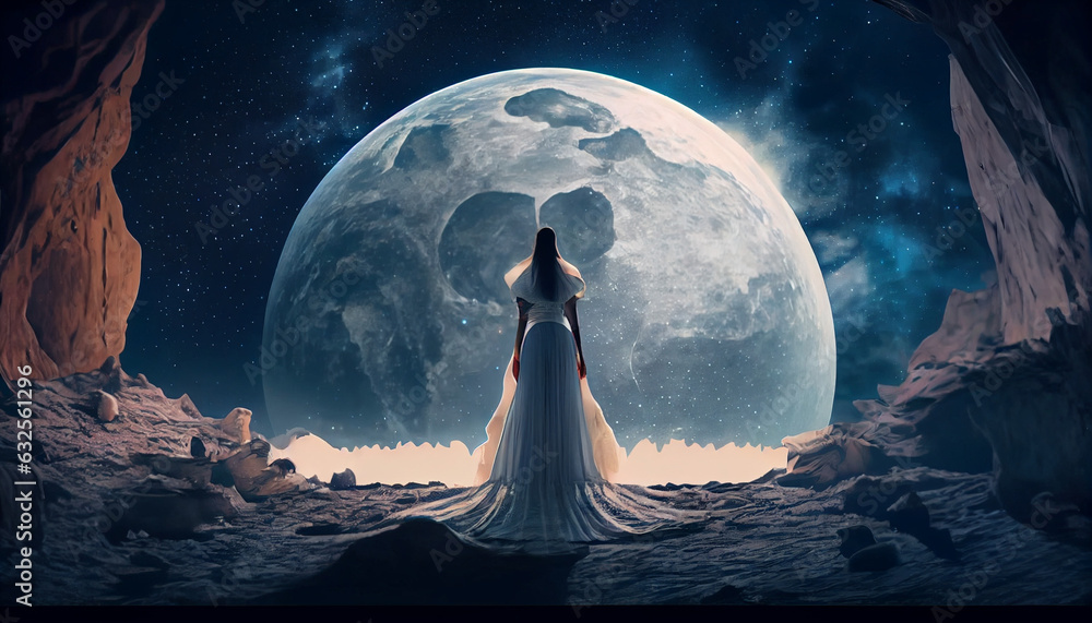 The moon and Beautiful young woman in white dress stay on earth and ...