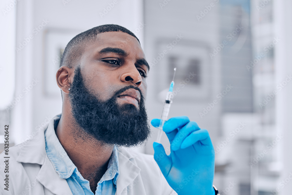 Medicine, research and vaccine with black man in laboratory for science ...