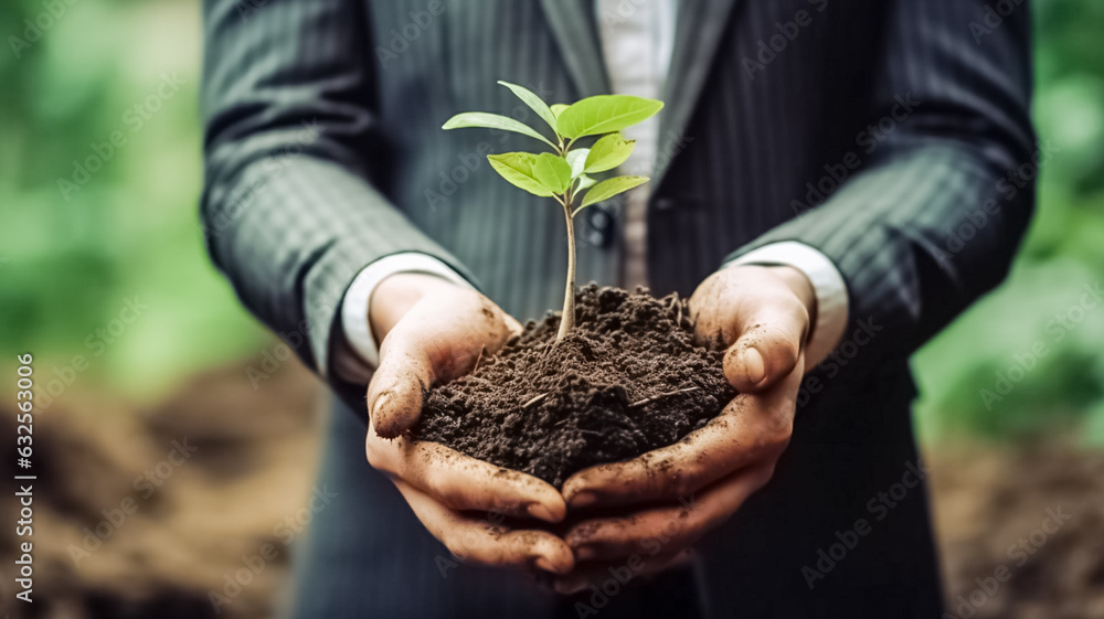 Two hands of the businessman were holding seedling to be planted ...