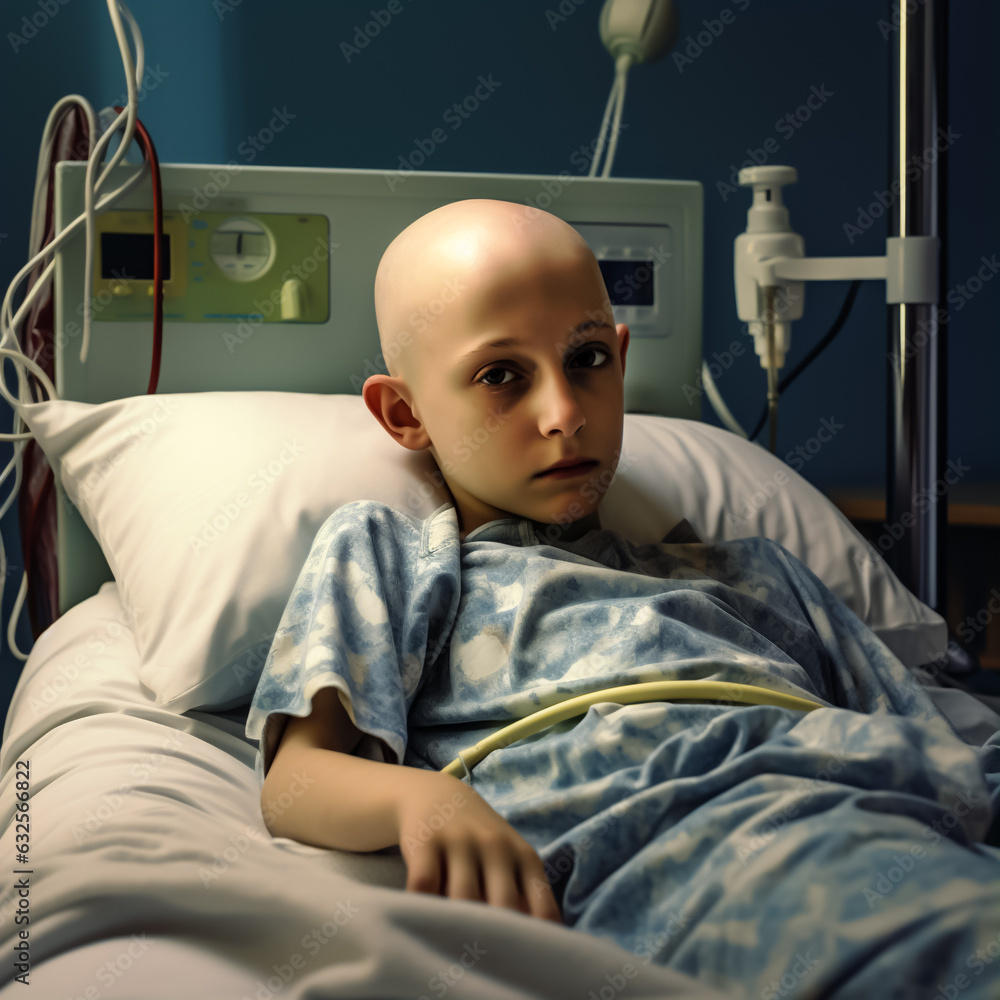 Little boy in a hospital bed, sick with Cancer. Bald head as a result ...