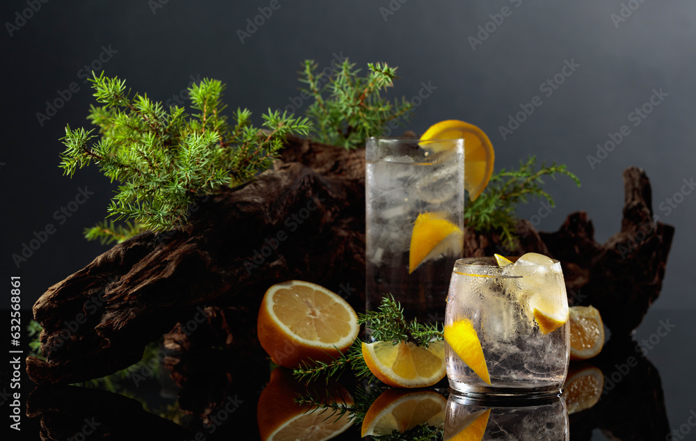 Cocktail gin-tonic with ice and lemon on a black reflective background ...