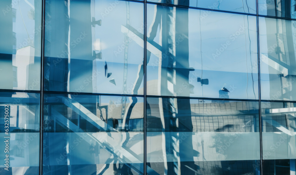Reflections in an office building window of modern steel construction ...