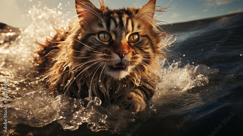 Chat qui nage à la mer à la plage en été et joue avec l'eau Stock Photo ...