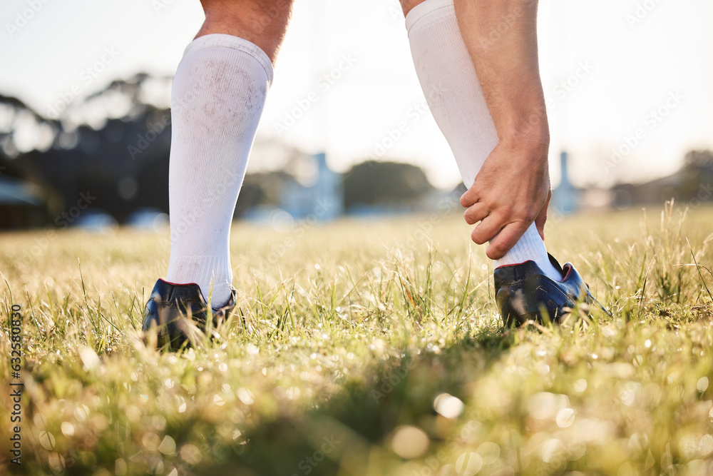 Ankle pain, hand and injury with fitness accident, athlete outdoor with ...