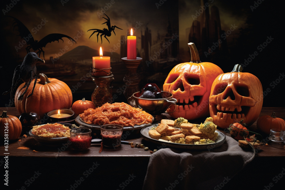 Craft an eerie Halloween menu card, with pumpkins as the backdrop ...