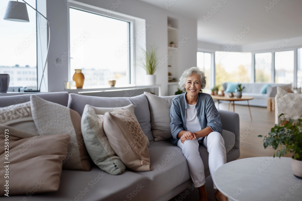 Smiling middle aged woman sitting on sofa at home, single mature senior ...