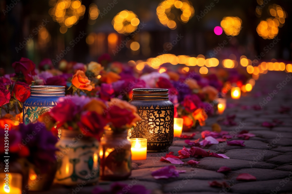 Create an enchanting bokeh-filled shot of candlelit paths leading to a ...
