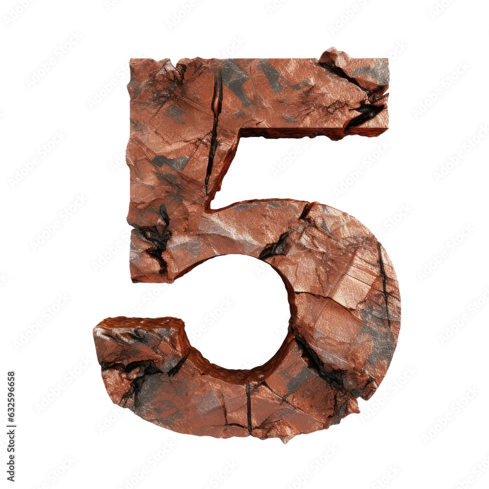 Number 5 made of rustic chiseled copper with a broken font on a ...