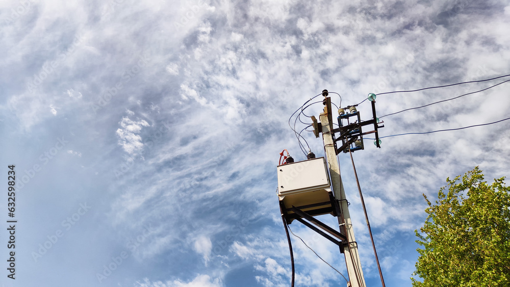 Closeup of old power poles on a clear summer day. Old hight voltage ...