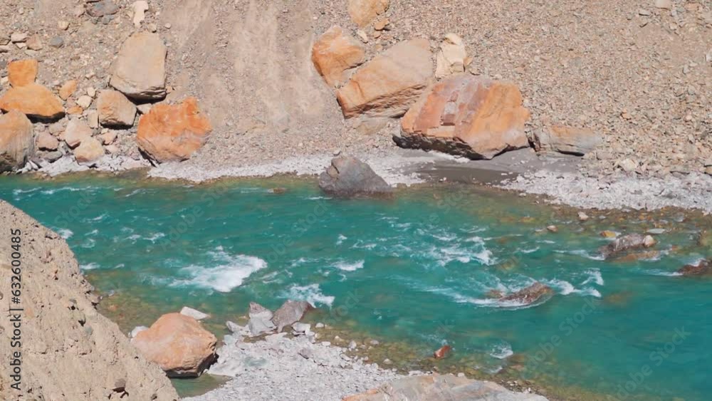 Blue Tsarap chu river flowing in the mountain valley of Zanskar as seen ...