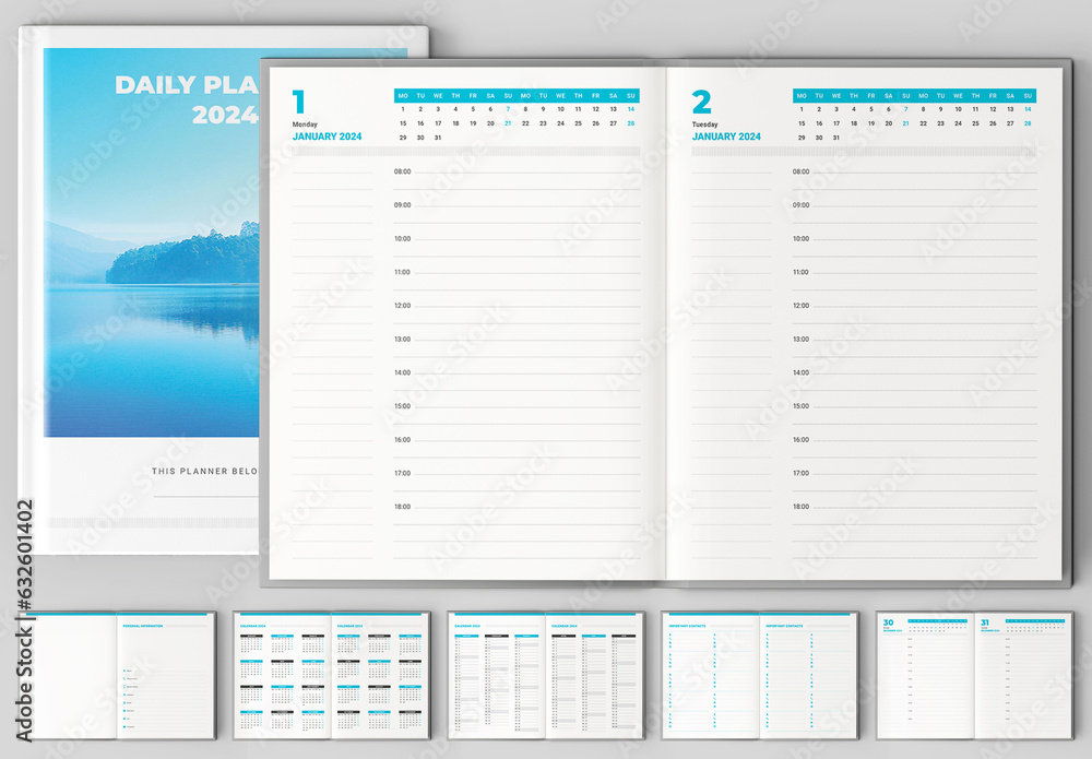 Daily Planner 2024 Layout with Blue Accents Stock Template | Adobe Stock