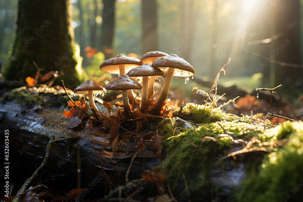 serene scene of mushrooms growing along a decaying fallen log ...