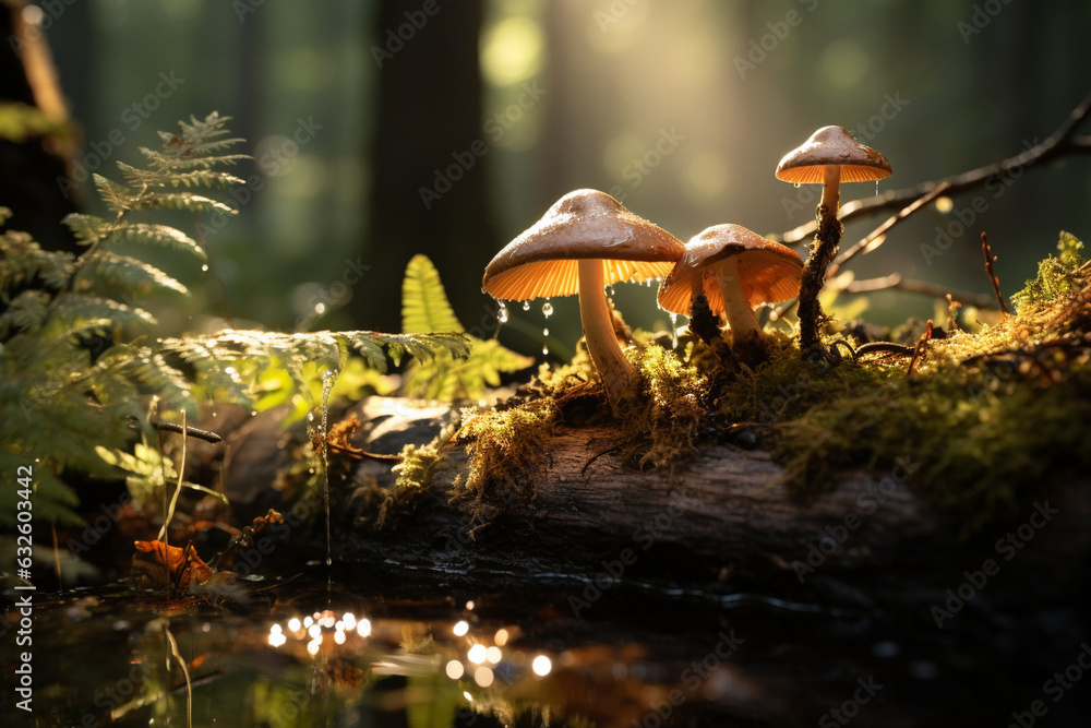 serene scene of mushrooms growing along a decaying fallen log ...