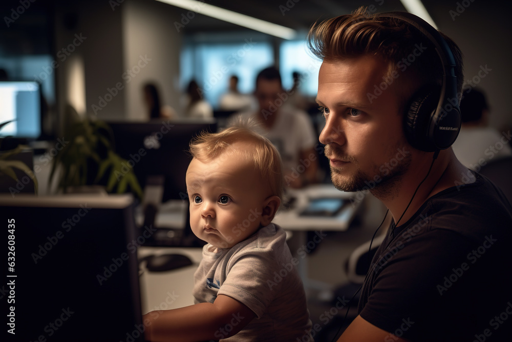 Man works in an open plan office and brings his baby to work. Family ...