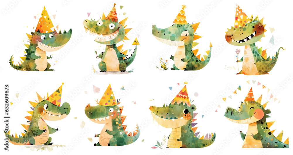 Cute crocodile character with birthday party hat. Set of watercolor ...