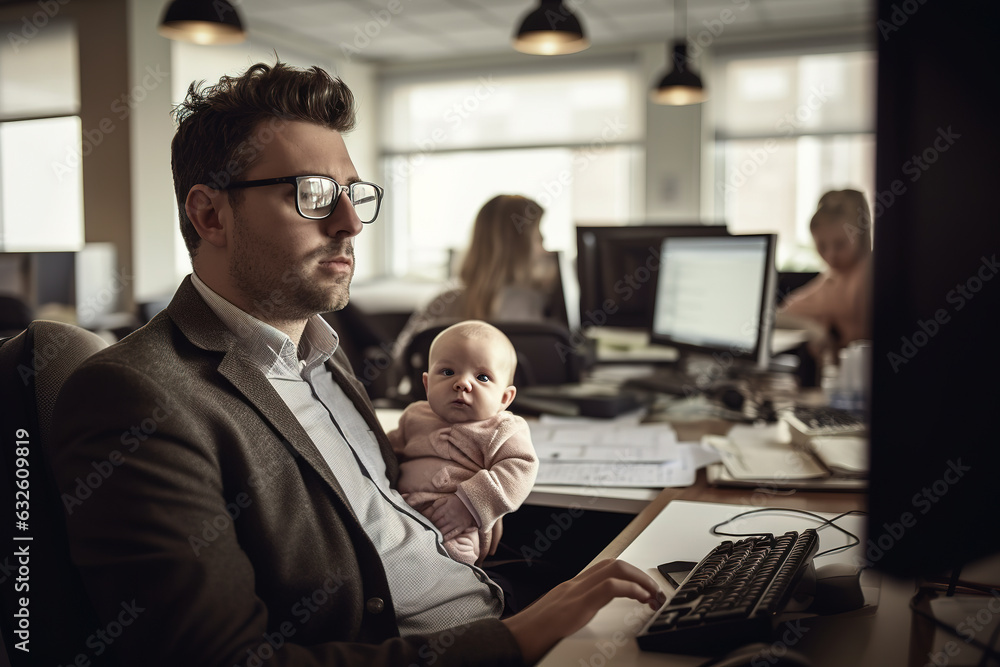 Man works in an open plan office and brings his baby to work. Family ...