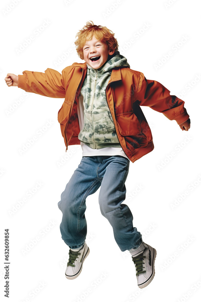 Happy boy jumping isolated on white or transparent background cutout ...
