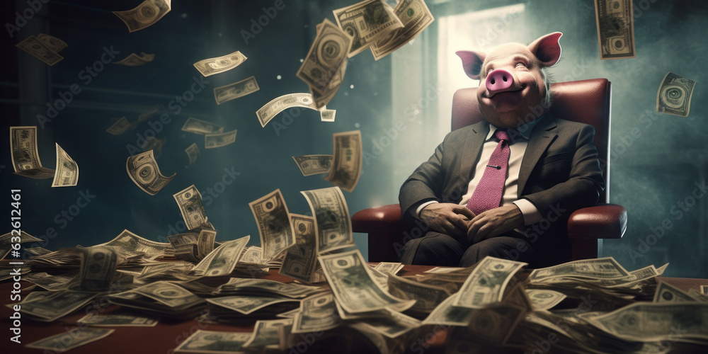 A fat businessman with a pig head sits in an office while money rains ...