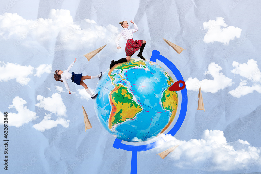 Two girls collage illustration classmates running around world planet ...