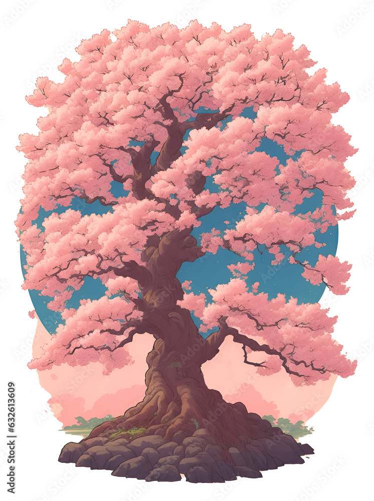 Cartoon Japanese Sakura Tree Illustration: Vibrant Colors on ...