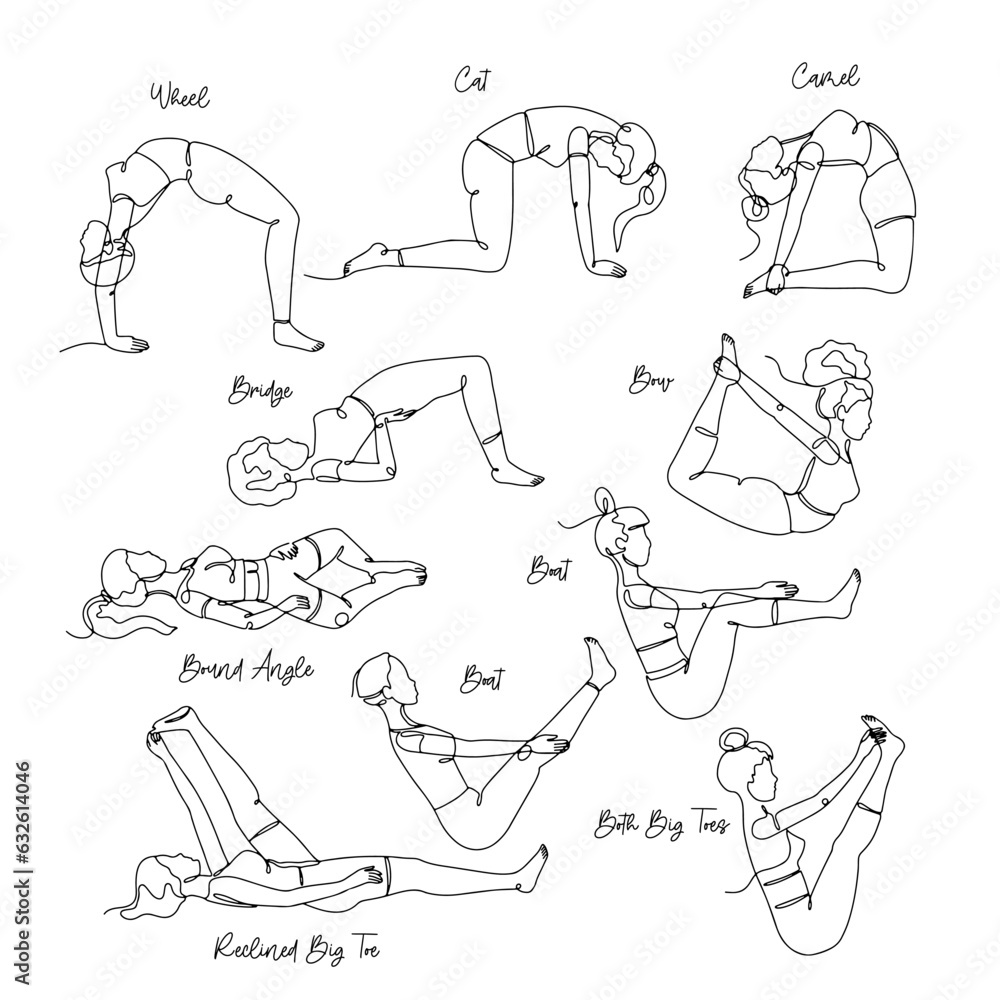 Single line drawing of a girl in yoga pose bundle. Linear hand drawn ...